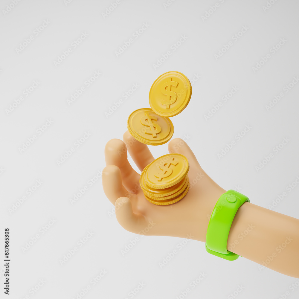 Cartoon hand holding falling coins with dollar sign isolated over white ...