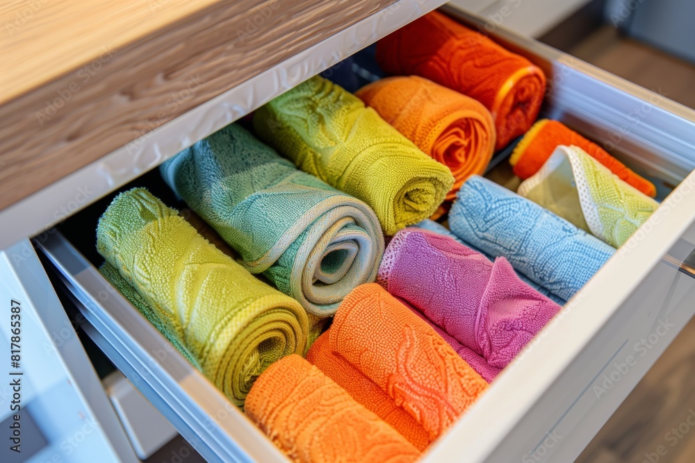 Drawer filled with neatly rolled colorful towels organized by shades of ...