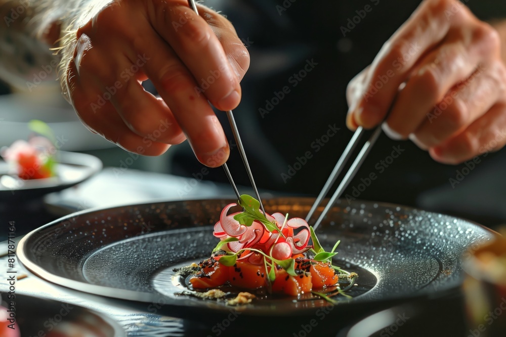 Foto Stock Chef meticulously plating a gourmet dish with radishes ...