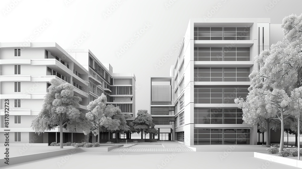 College campus flat design side view academic 3D render black and white ...