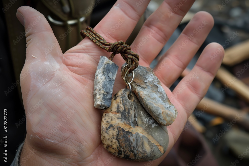 Hand holding a braided cord with attached polished stones showcasing ...
