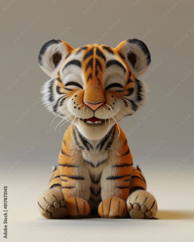 Adorable cartoon tiger cub with a broad smile sitting, displaying a ...