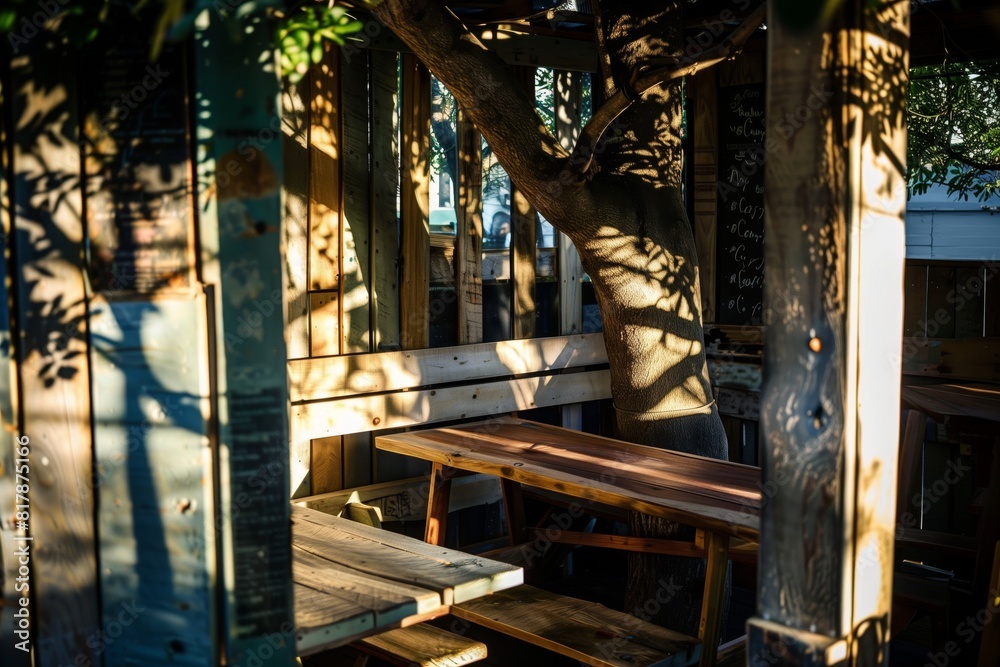 Cozy outdoor cafe with rustic wooden benches and tables surrounding a ...