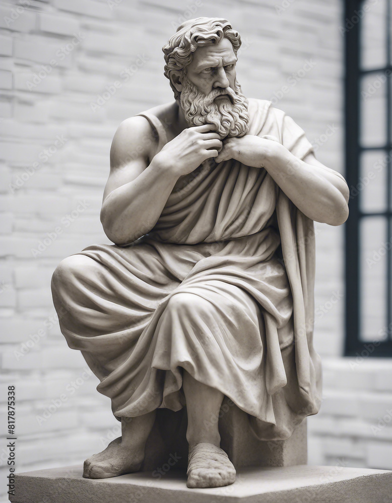 statue of a Greek philosopher in contemplation, isolated white brick ...