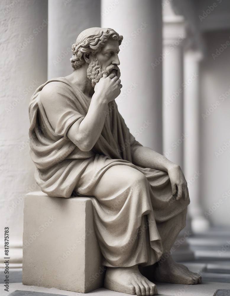 statue of a Greek philosopher in contemplation, isolated white brick ...