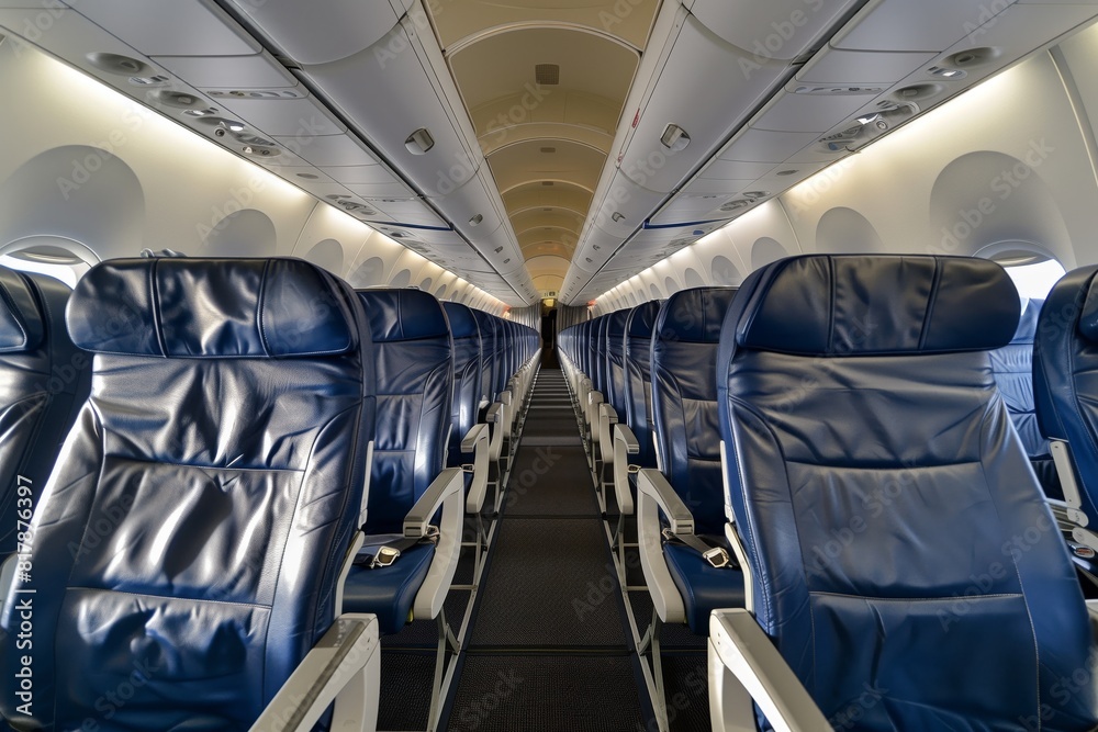 Interior of an empty airplane cabin with rows of blue leather seats ...