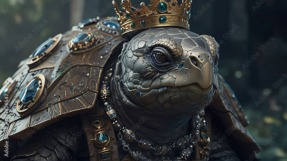 King of Germany as a turtle adorned with silver jewelry, set against an ...