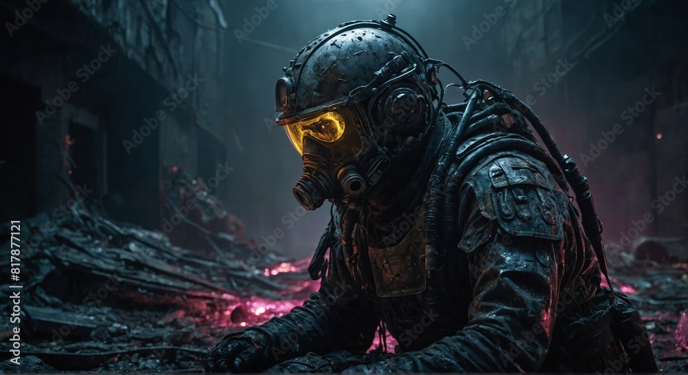 post apocalyptic character with gas mask and military clothing in a ...