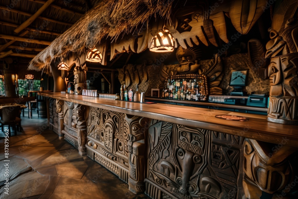 Tiki bar interior with intricately carved wooden decor and tropical ...