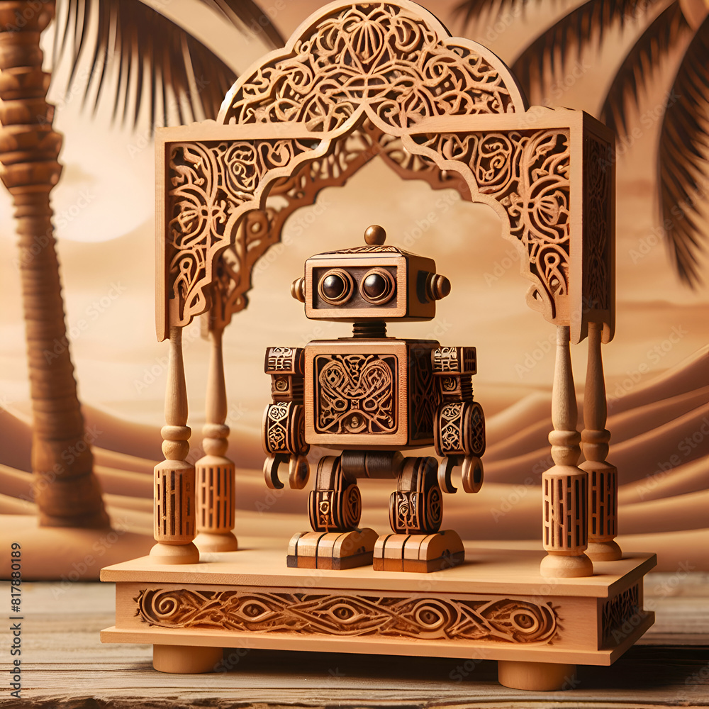 Exquisitely Designed Wooden Robot with Elaborate Carvings Amidst Serene ...