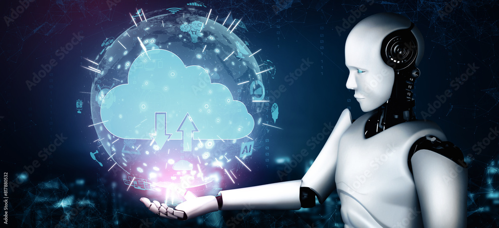 MLP 3d illustration AI robot using cloud computing technology to store ...