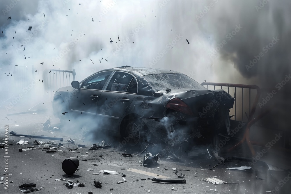 A severely damaged car surrounded by debris and smoke after a serious ...