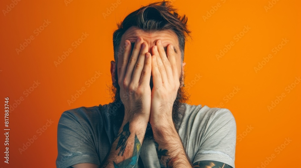 Close-up of a young man with a splitting headache holding his head in ...