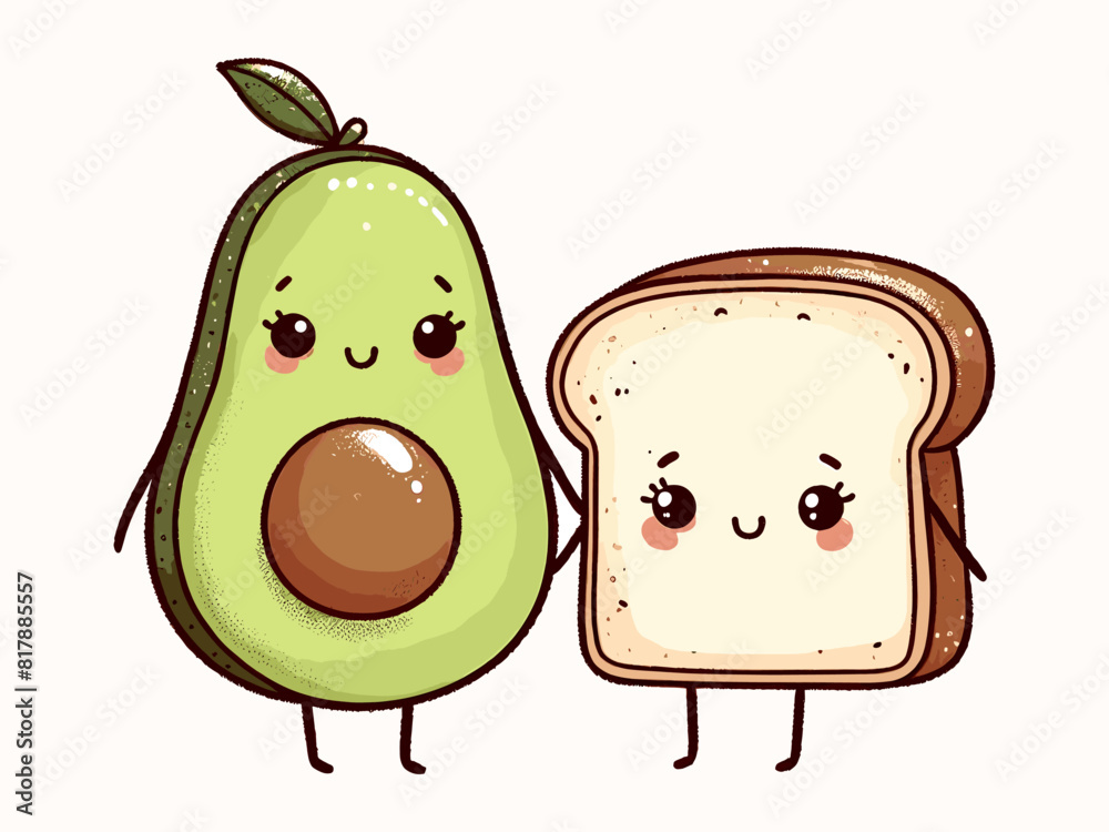 Cute kawaii toast and avocado pair. Vector cartoon character ...