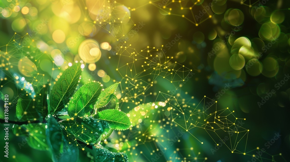 Green leaf with scientific molecular structures representing ...