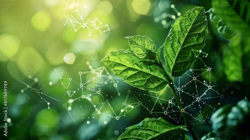 Green leaf with scientific molecular structures representing ...