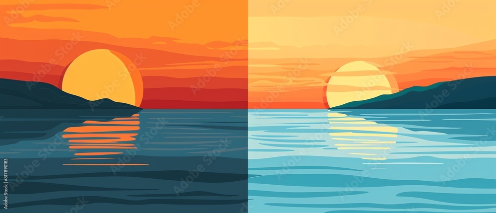 sun flat design side view sunset theme cartoon drawing Split ...