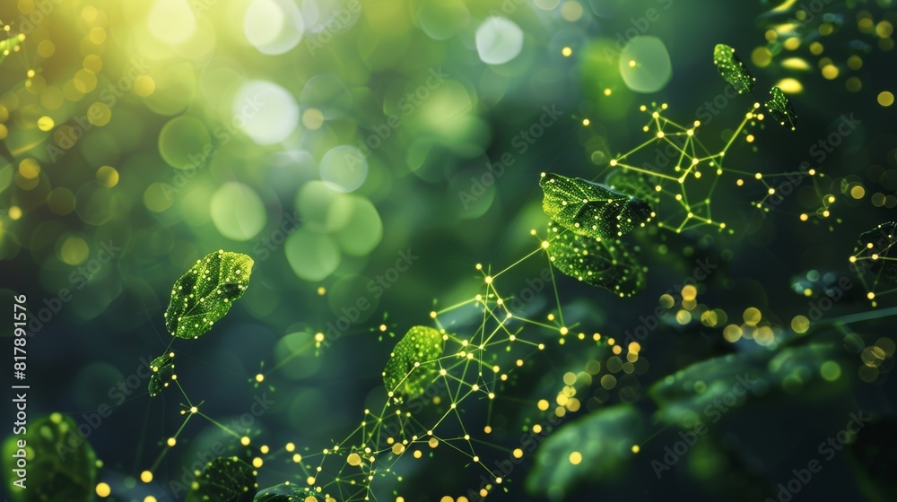 Green leaf with scientific molecular structures representing ...