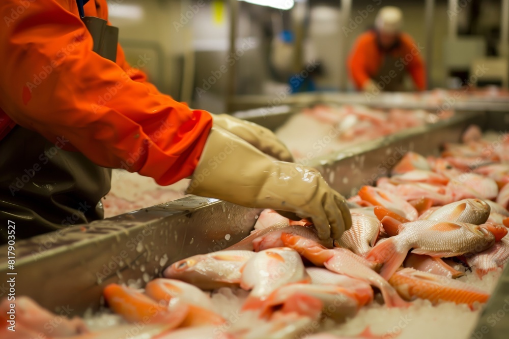 Workers wearing orange uniforms and gloves are processing fish in a ...