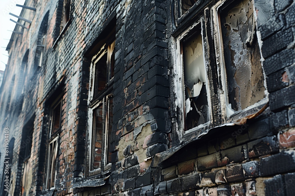 Close-up of a charred and damaged brick building facade with broken ...