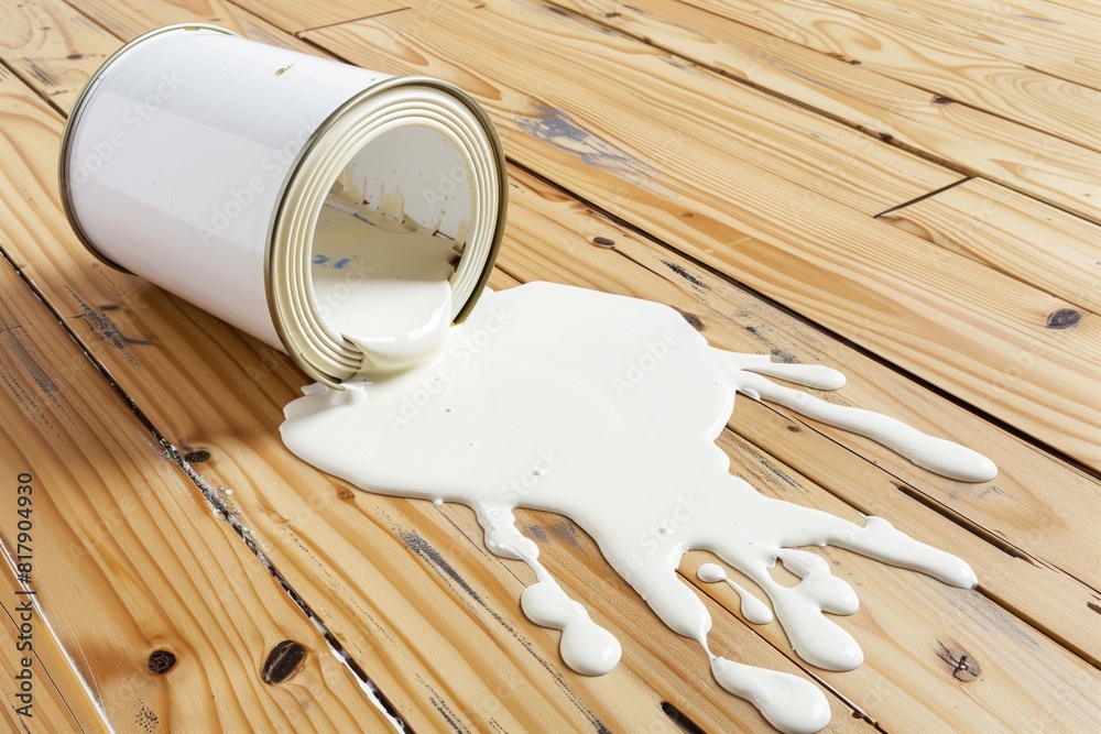 An overturned paint can spilling white paint onto a wooden floor ...
