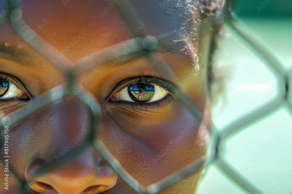 Close-up of a child's eyes peering through a chain-link fence with a ...