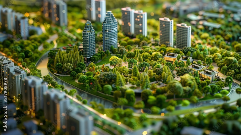 Model showcasing city layout with miniature trees and buildings in a ...