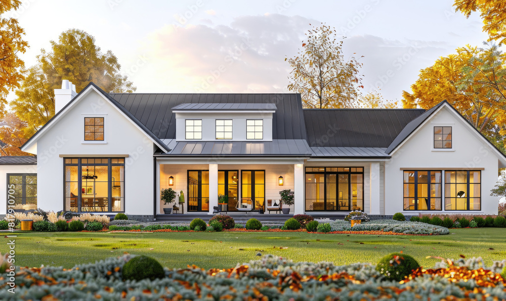 3d rendering of modern farmhouse style house with gable roof and white ...