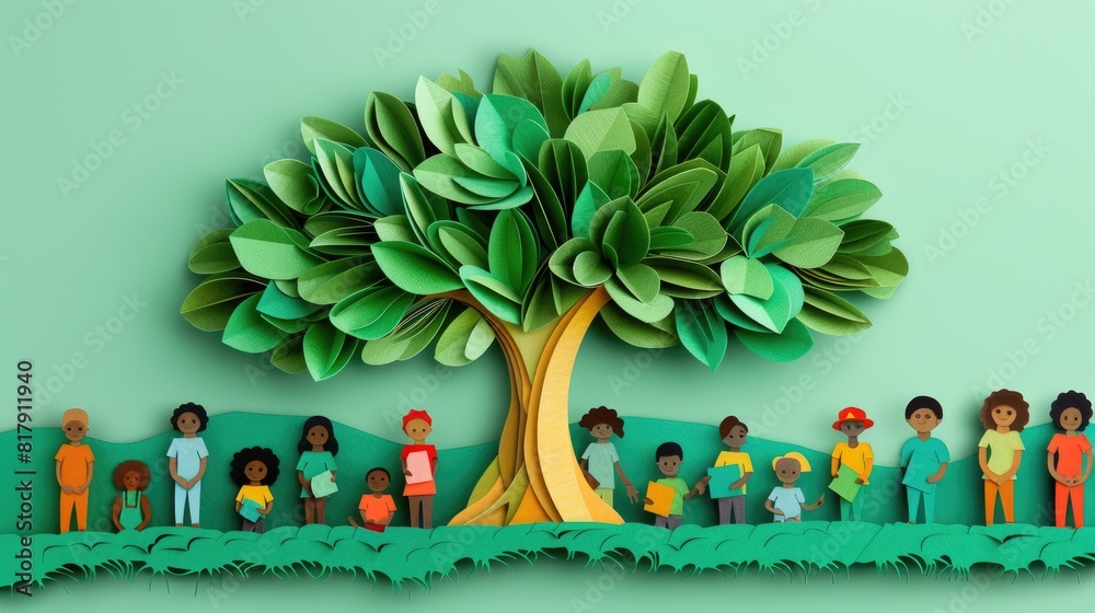 Papercut art a tree is the main focus of the image with diverse group ...