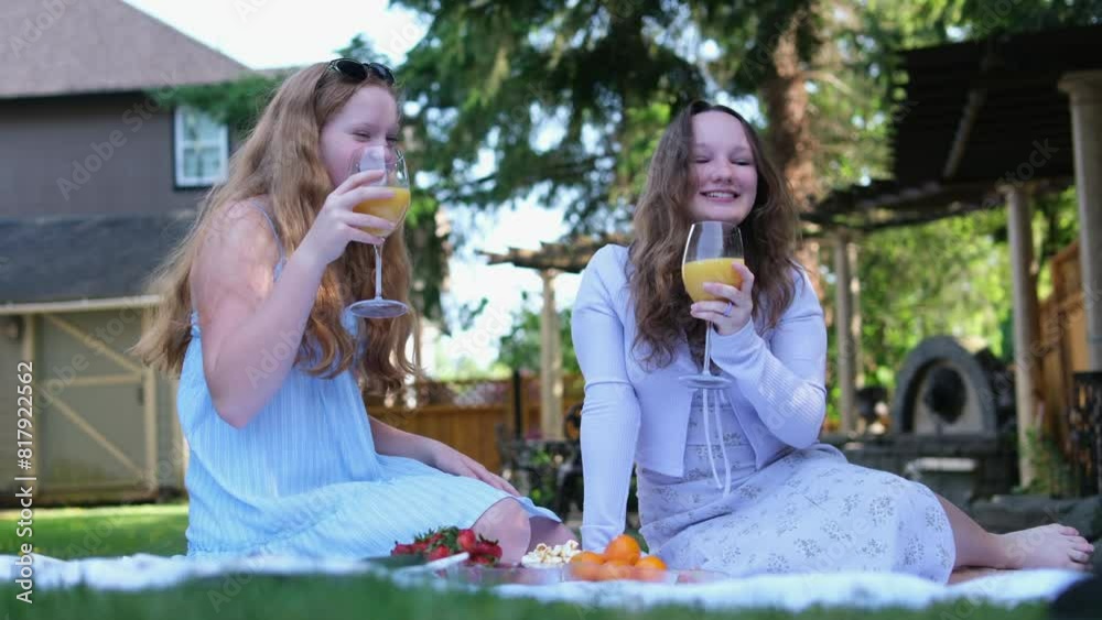 Two girls in Canada on a picnic sit on the grass on a mat, eat fruit ...
