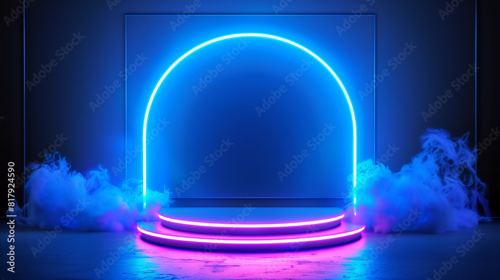 Neon podium background blue light 3D platform product stage dark. Neon ...