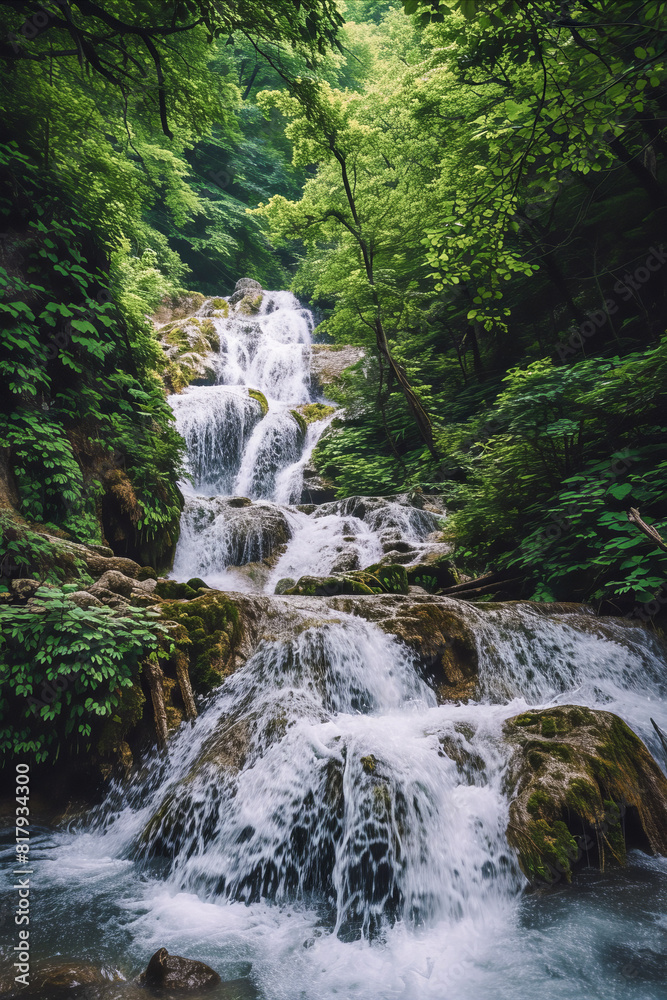 A scenic waterfall cascades amidst lush greenery, creating a serene and ...