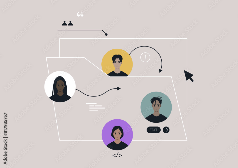 A digital schematic folder displays avatars of four individuals ... A digital schematic folder displays avatars of four individuals ...