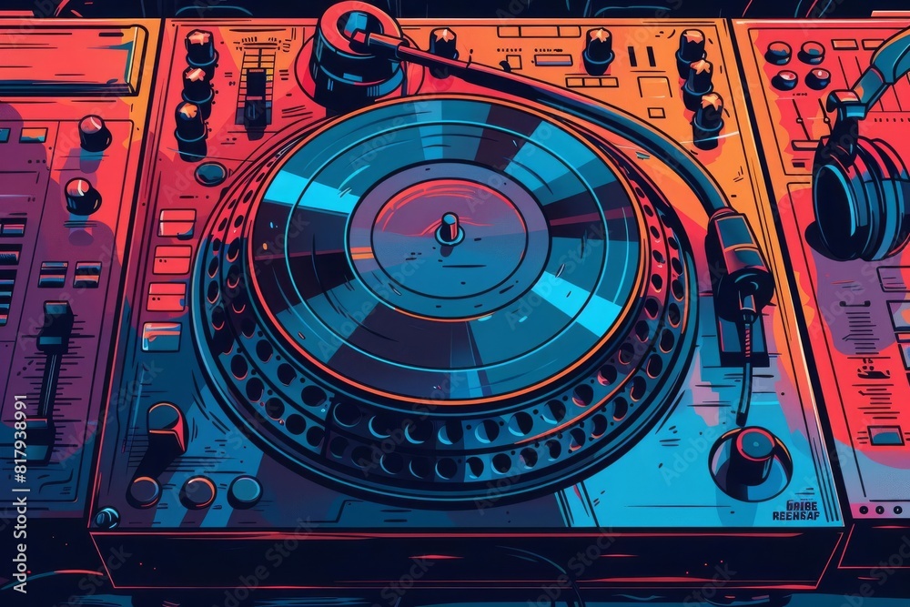 Create a colorful illustration of a dj turntable with a record on it ...