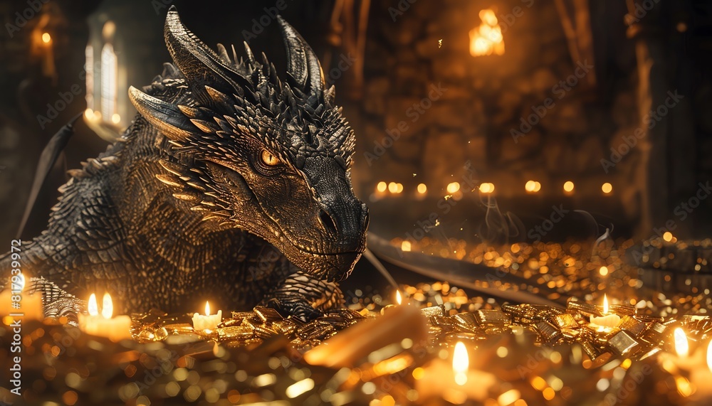 Black dragon guarding gold, dimly lit room, candles and gold bars ...