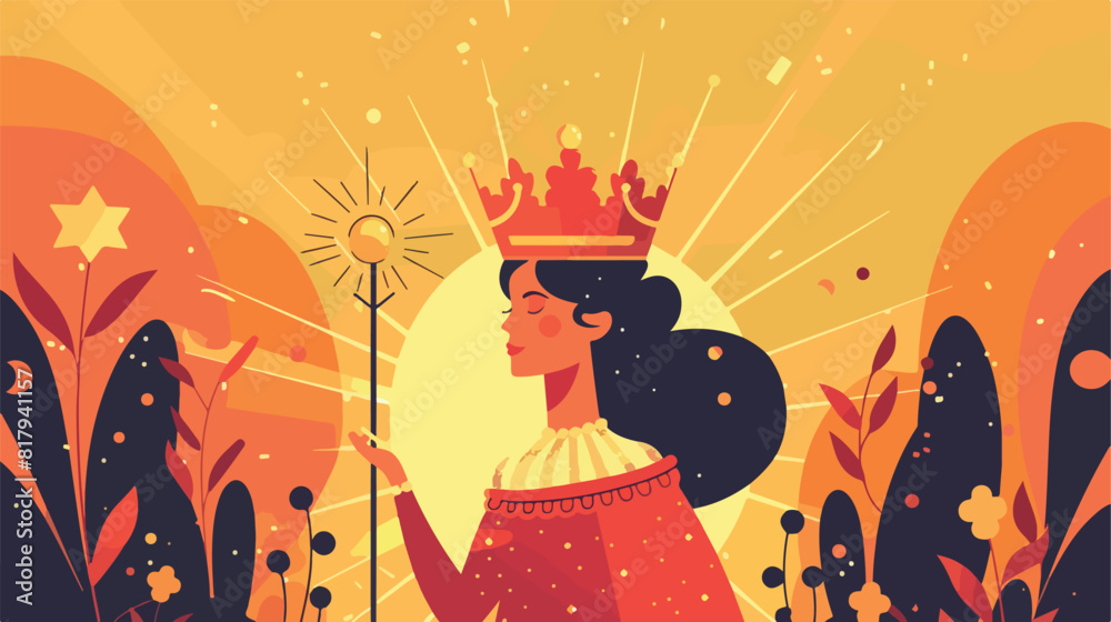 Powerful crowned Queen with wand and sun. Wealth Stock Vector | Adobe Stock