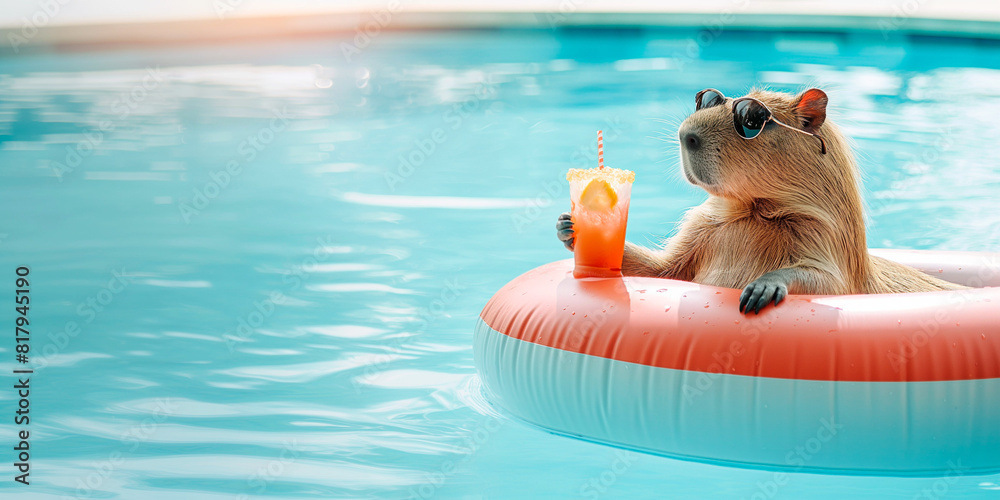 Capybara in sunglasses holding a drink while floating in a pool on an ...