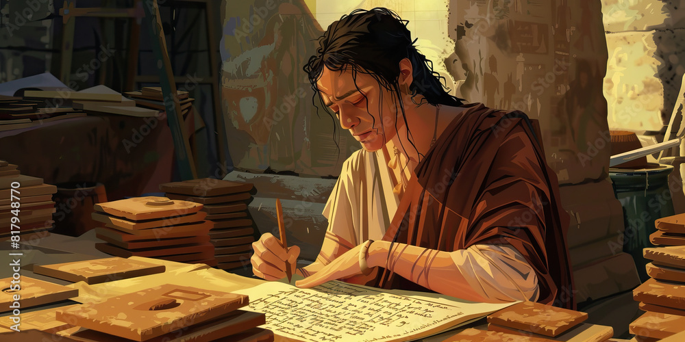 A Sumerian scribe, carefully translating ancient clay tablets in the ...