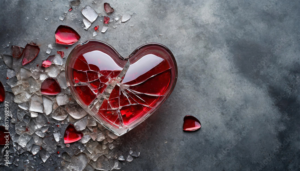 broken heart-shaped glass on a shattered background, with space for a ...