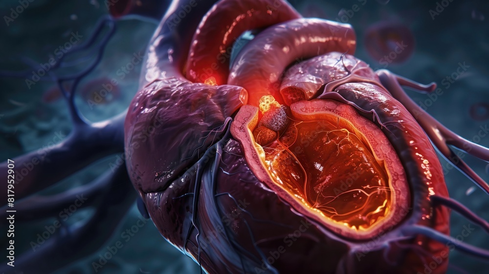 Gloomy image of clogged arteries in an aging heart. Cool tones. Close ...