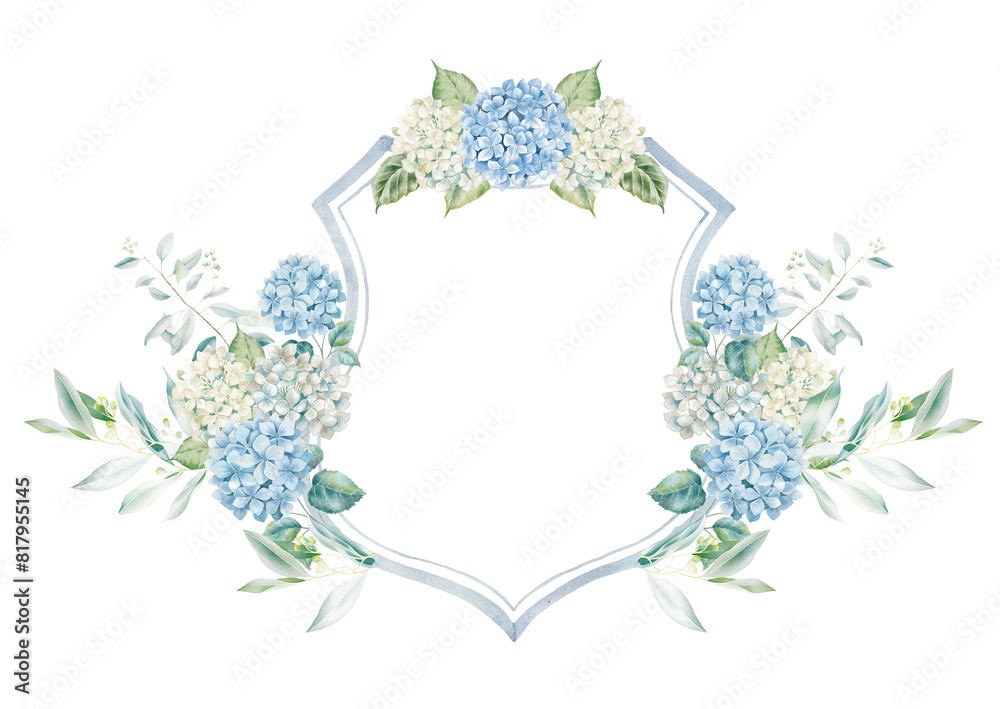 Watercolor Floral Crest with Hydrangea. Stock Illustration | Adobe Stock