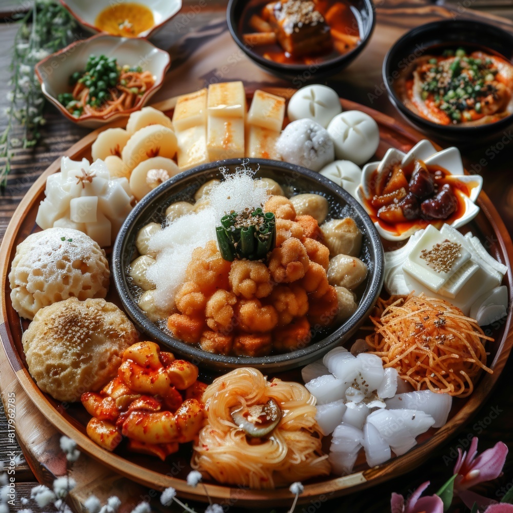 A platter featuring traditional Korean desserts like bingsu (shaved ice ...