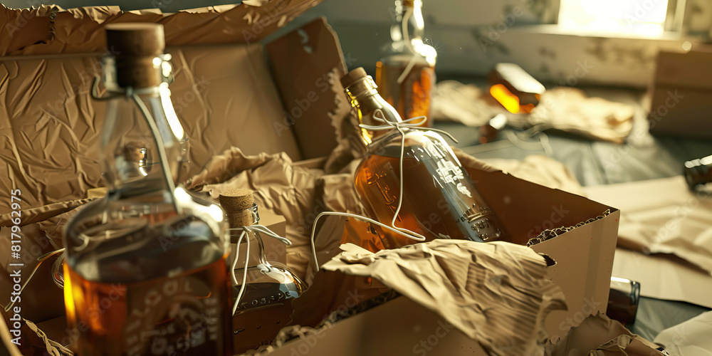 The price of escape: Empty bottles litter a crumpled cardboard box, a ...
