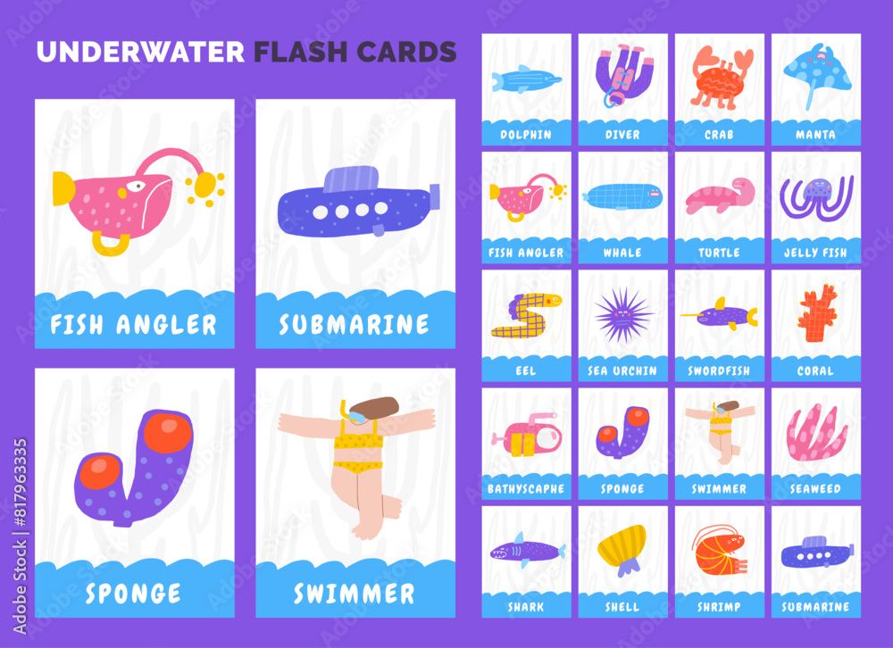 Learn underwater flashcards set. Learning English words for kids. Cute ...