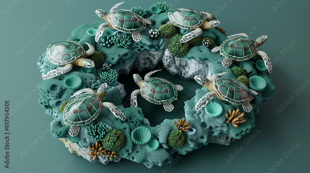 underwater vent ecosystem flat design top view turtle environment 3D ...