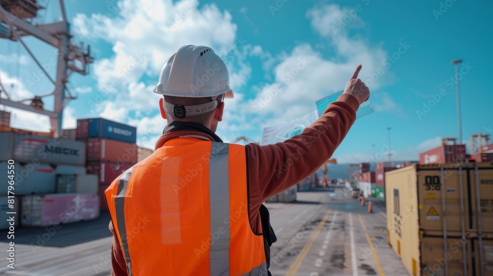 Port worker wearing hard hat and safety vest while inspecting cargo ...
