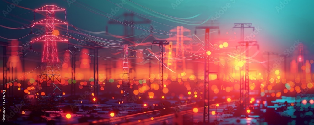 Electric grid with Smart Grid text, side view, scifi tone ...