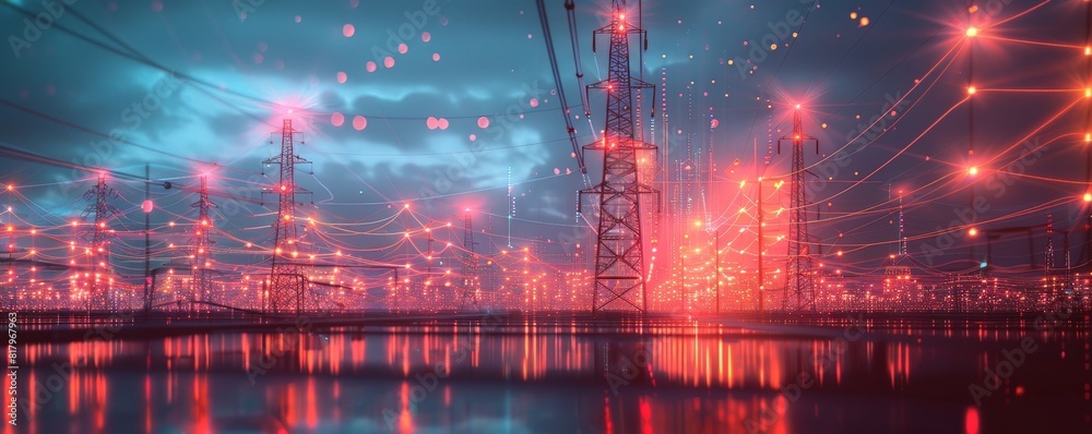 Electric grid with Smart Grid text, side view, scifi tone ...