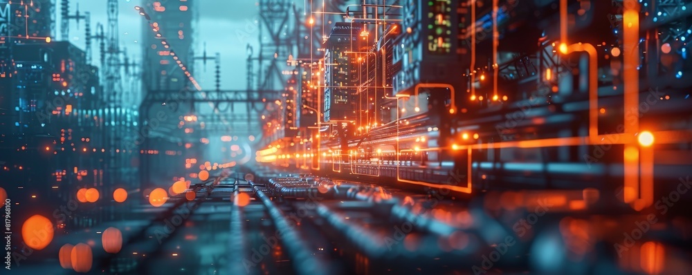 Side view of an electric grid with Smart Grid text highlighted, scifi ...