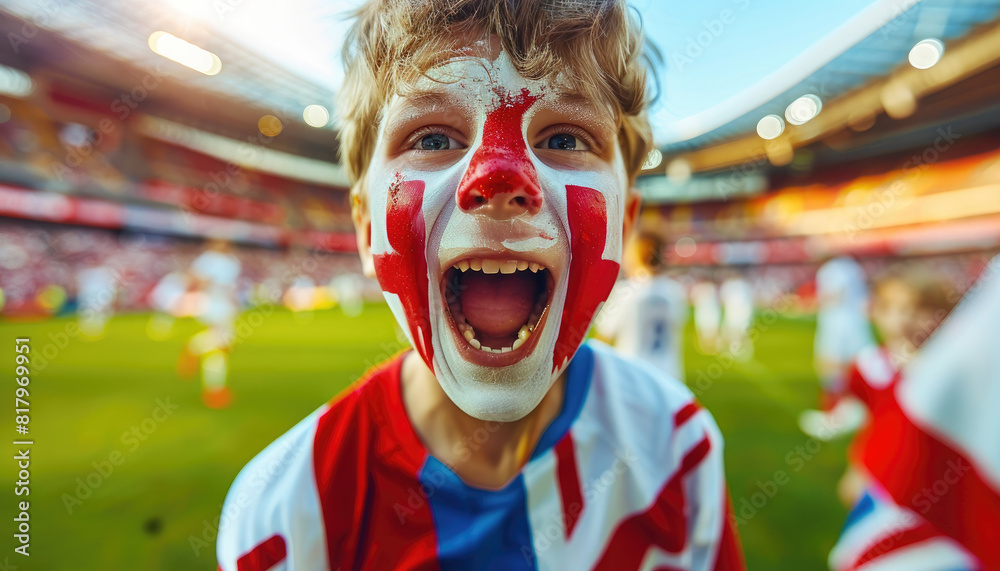A happy English boy fan with face painted in the colors of England flag ...
